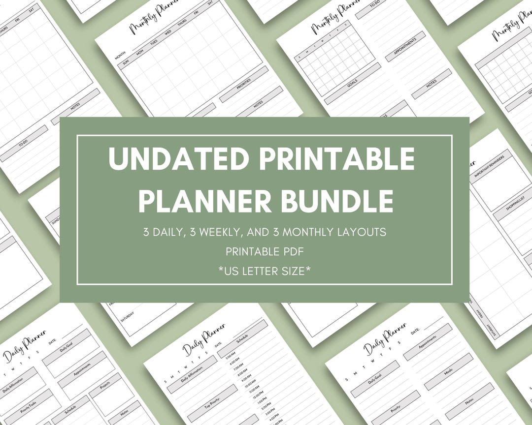 Undated Daily, Weekly, & Monthly Planner Printable PDF Bundle - 9 ...