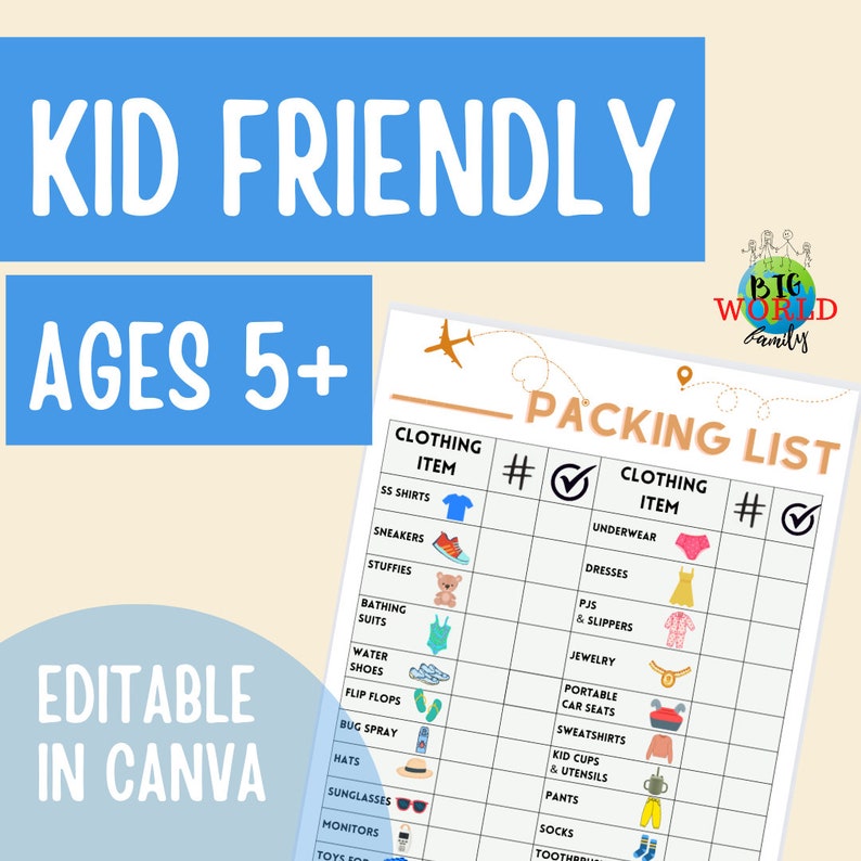 EDITABLE Kid-friendly Packing List - Etsy