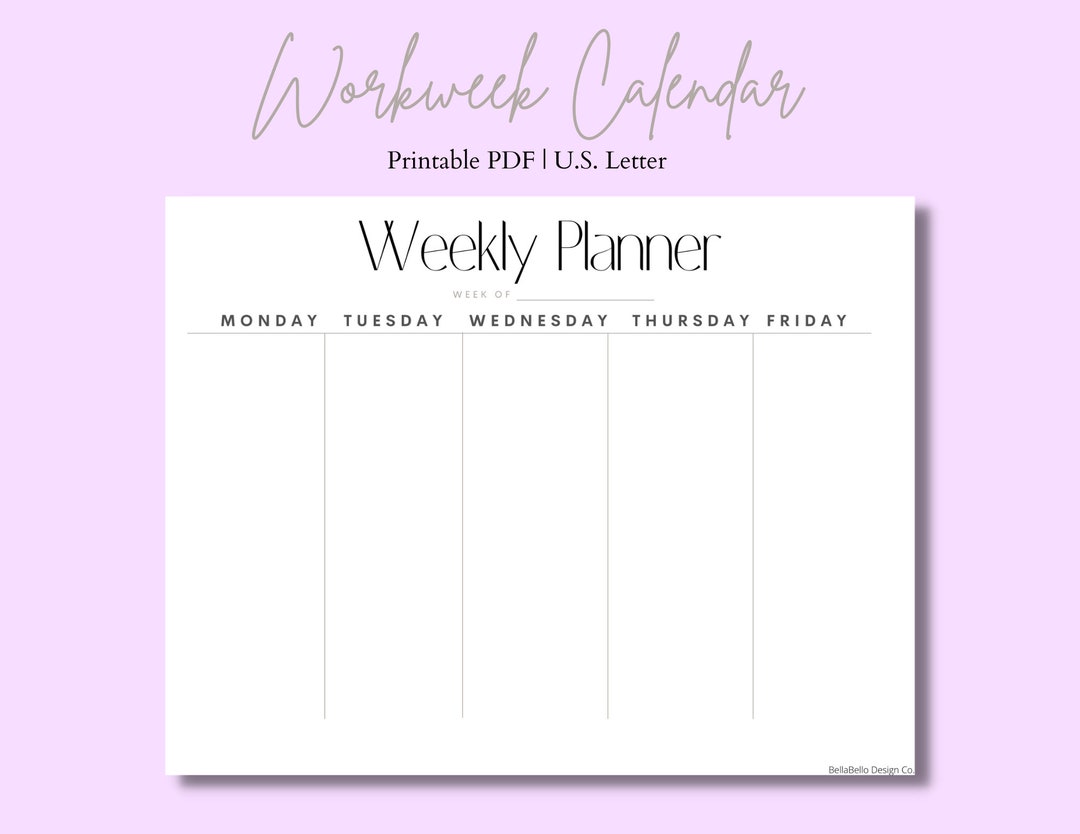 Workweek Customizable Weekly Calendar Simple Calendar 11 X - Etsy