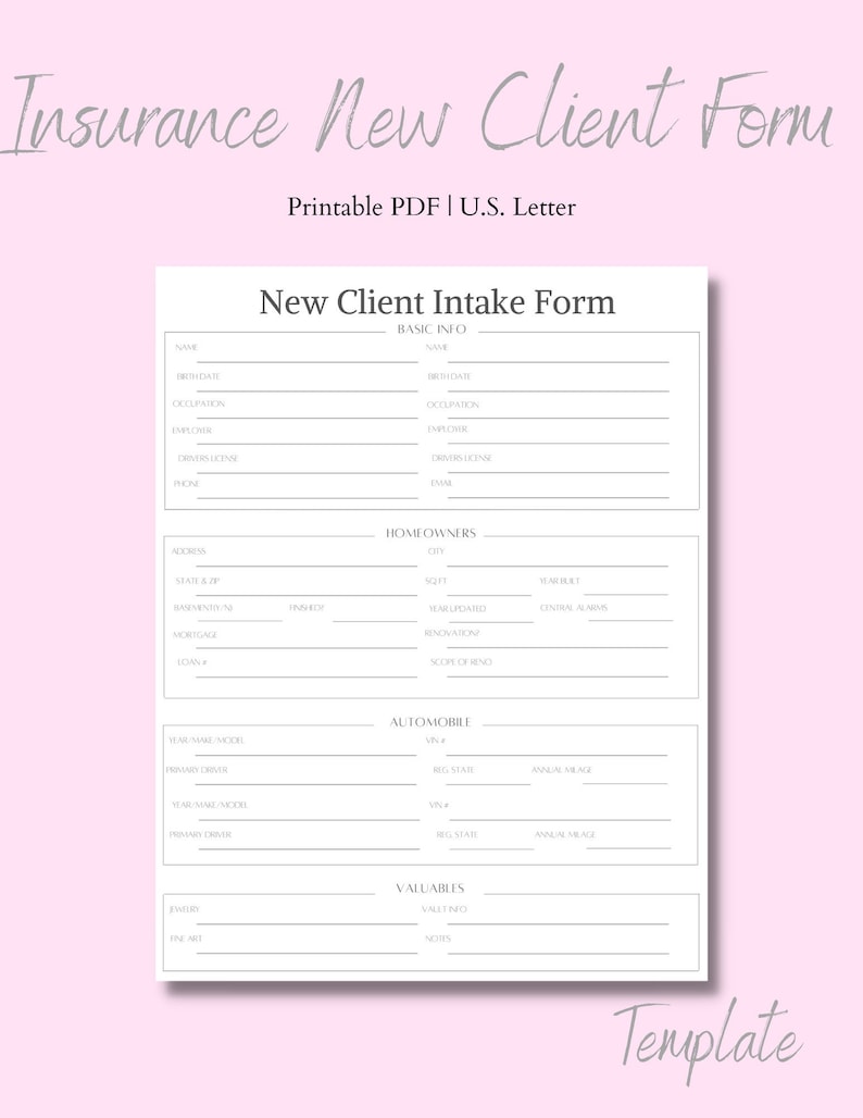 Personal Insurance New Client Questionnaire - Intake Information - New ...