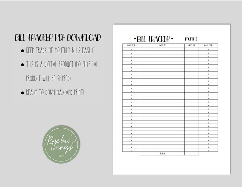 Bill Tracker PDF Download - Etsy