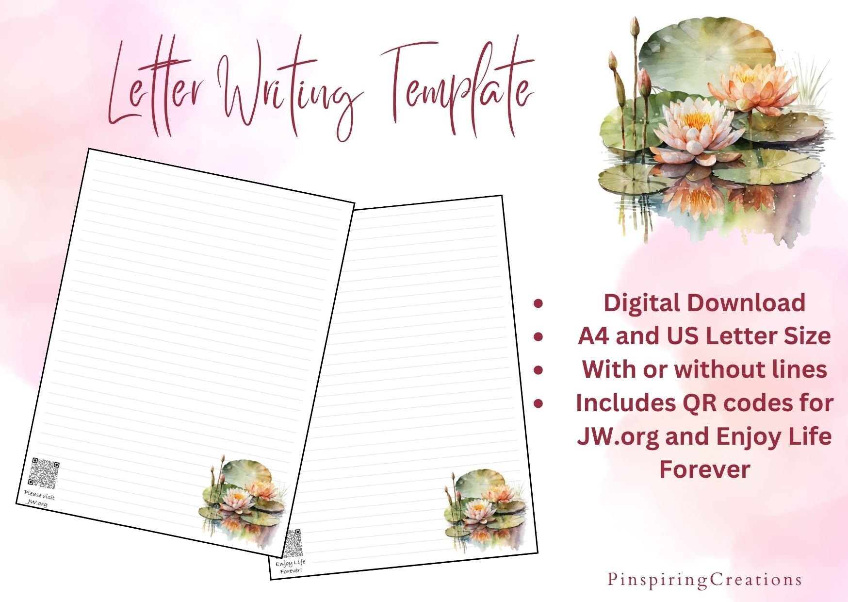 JW Letter Writing Printable Template; Waterlilies Design; With or ...