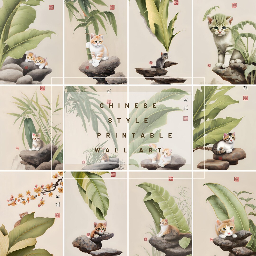 Set of 12 Chinese Style Cute Cat Art Print- Oil Painting Cartoon- - Etsy