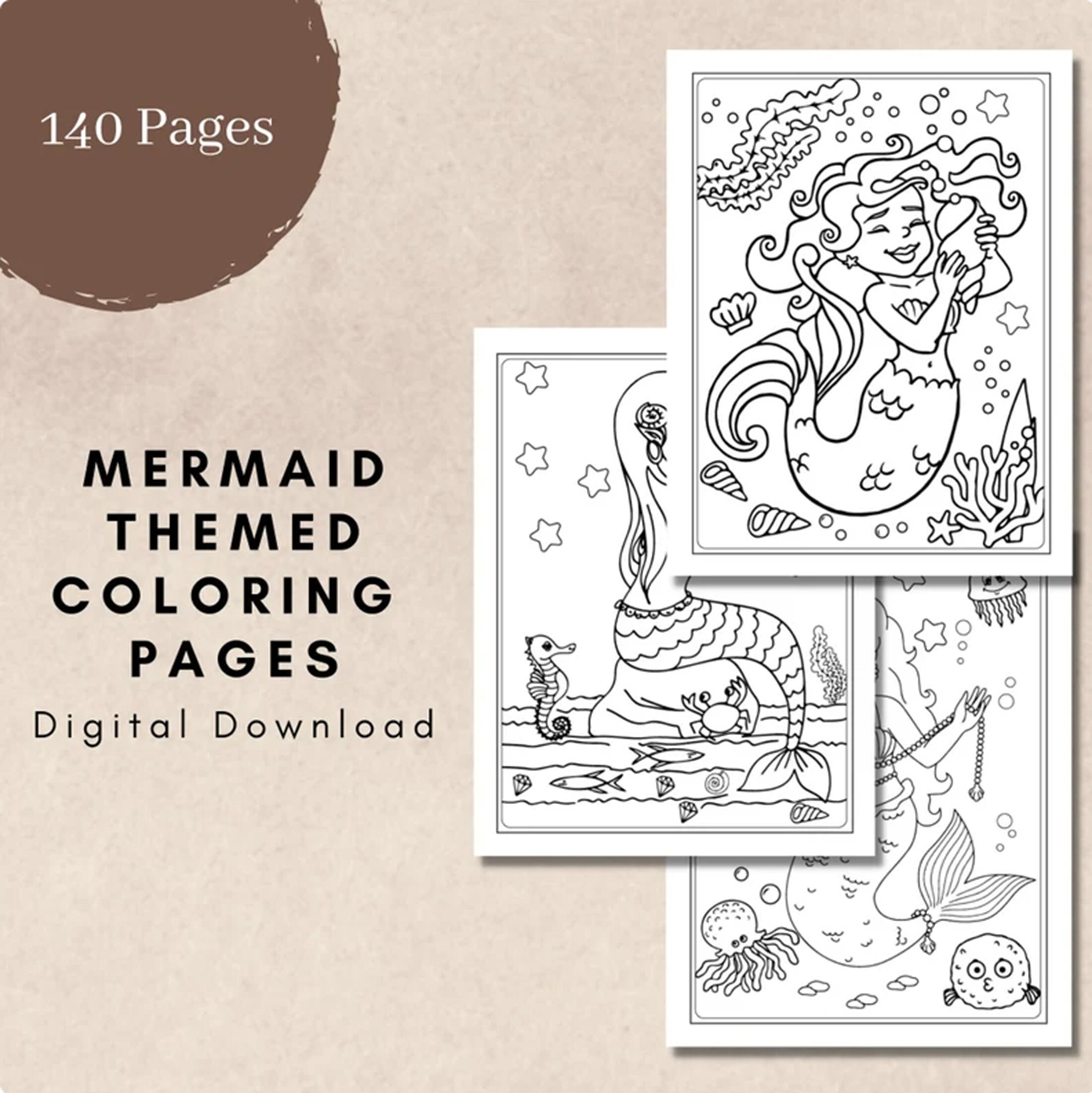 Digital Download, Mermaid Themed Coloring Book, PDF Printable Pages ...
