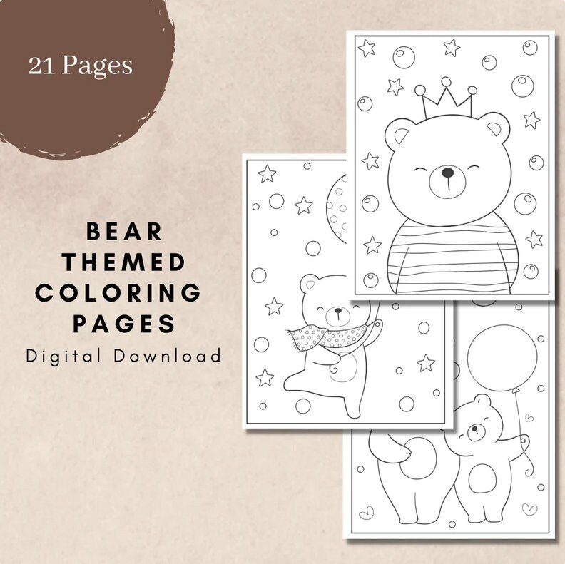 Bear Themed Coloring Book, PDF Printable Pages, Digital Download - Etsy