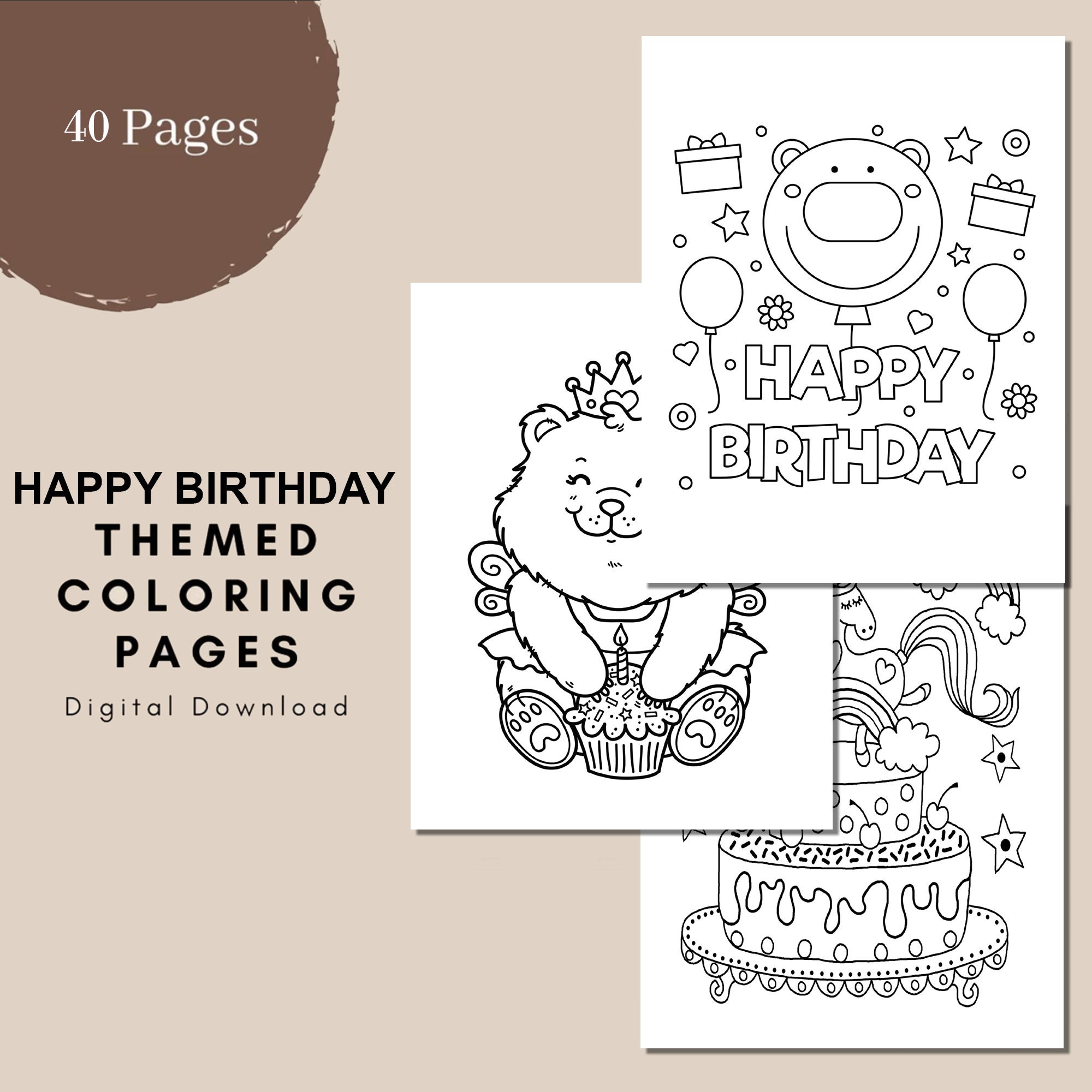 Happy Birthday Themed Coloring Book, PDF Printable Pages, Digital ...