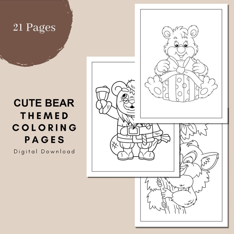 Cute Bear Themed Coloring Book, PDF Printable Pages, Digital Download ...