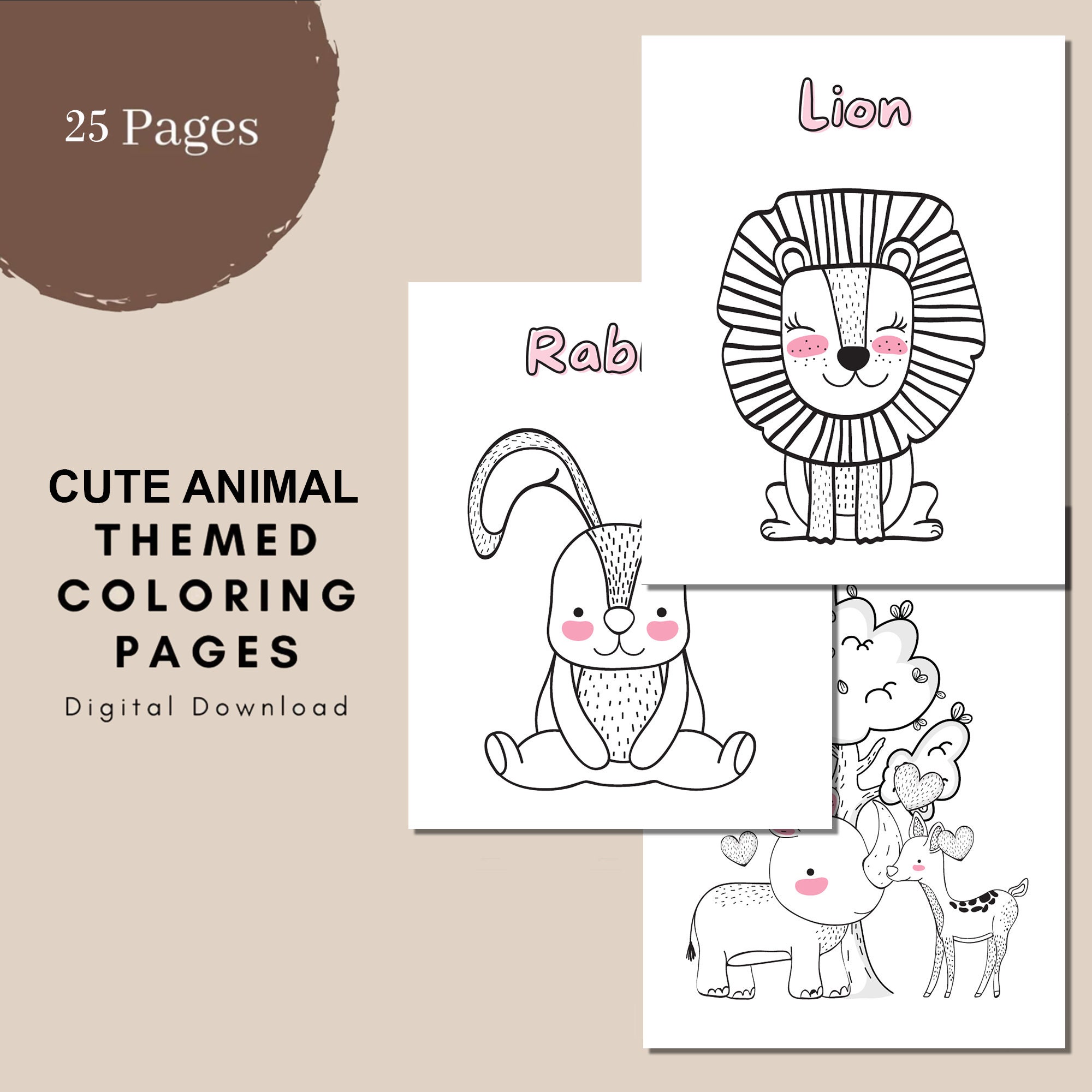 Cute Animal Themed Coloring Book, PDF Printable Pages, Digital Download ...