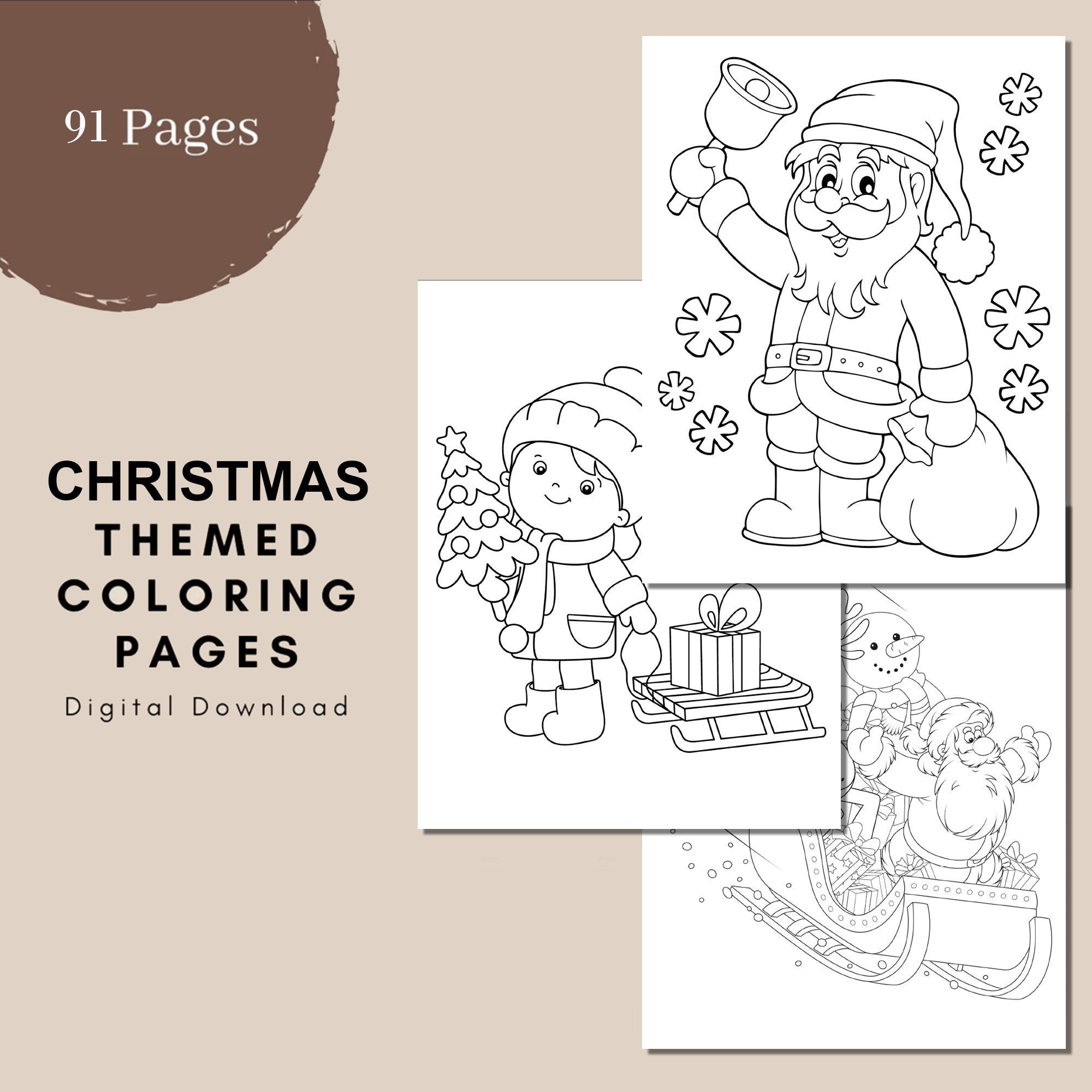 Christmas Themed Coloring Book, PDF Printable Pages, Digital Download ...