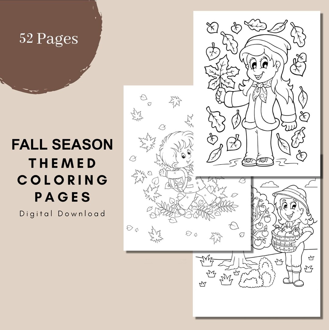 Fall Season Themed Coloring Book, PDF Printable Pages, Digital Download ...