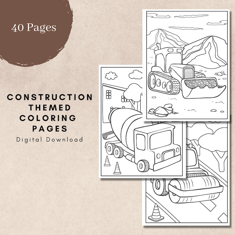 Construction Themed Coloring Book, PDF Printable Pages, Digital ...