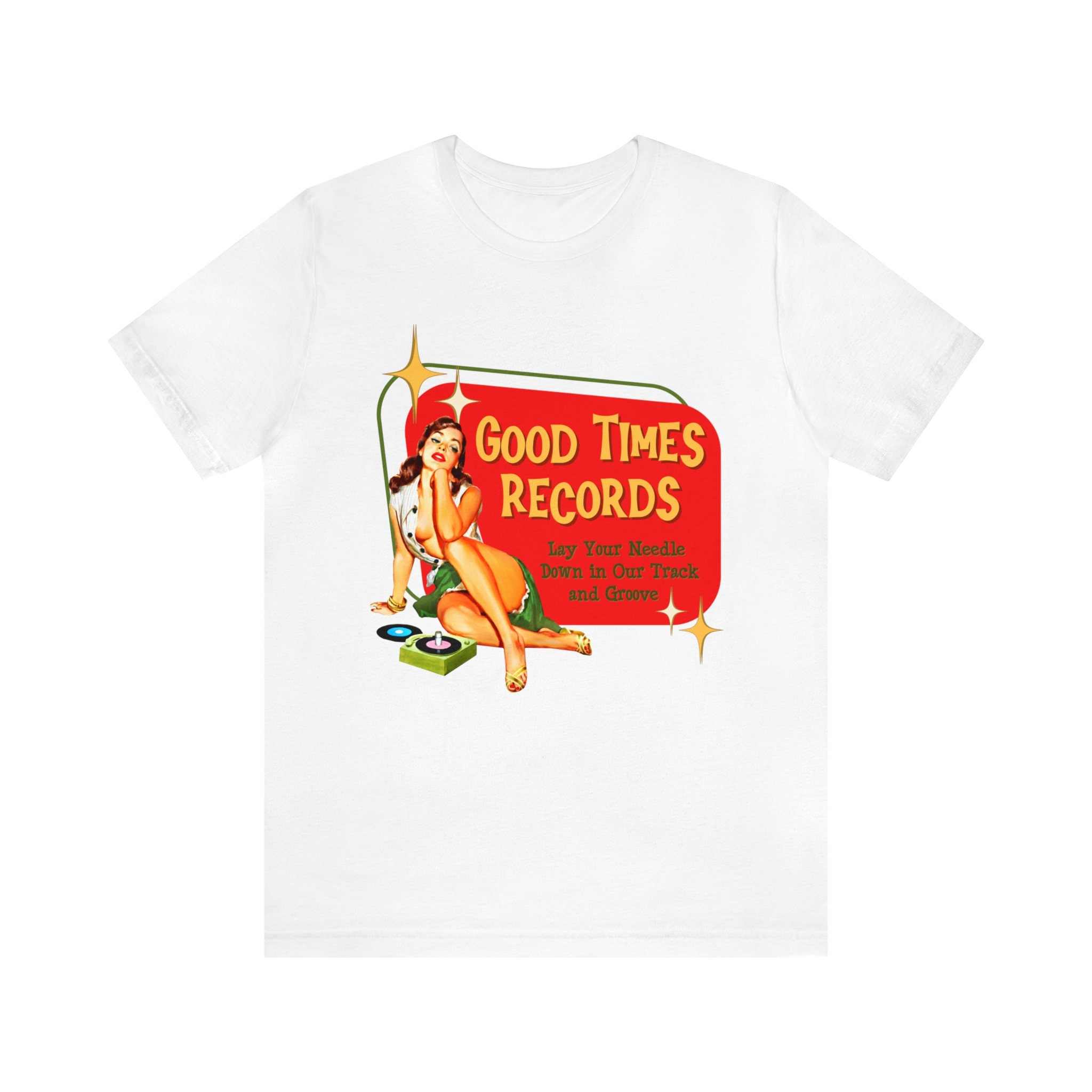 Retro 1950s Record Store Logo White T Shirt Vintage Sexy Pin Up Girl