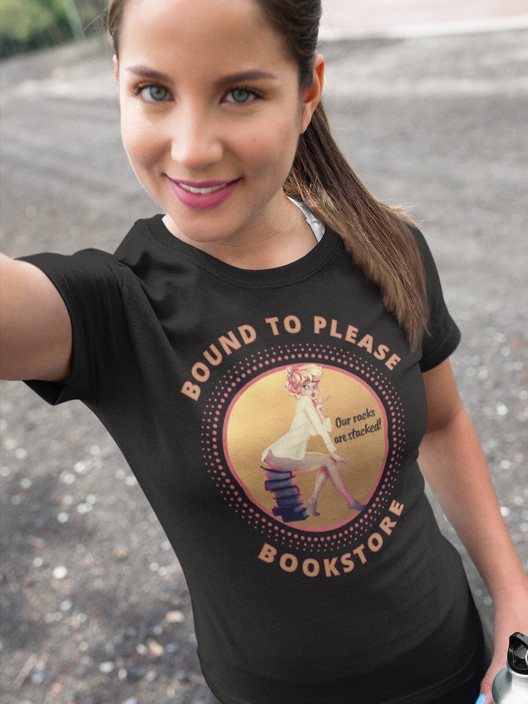 Vintage Naughty Librarian Pin Up Girl T Shirt Black Hot Nerdy Chick