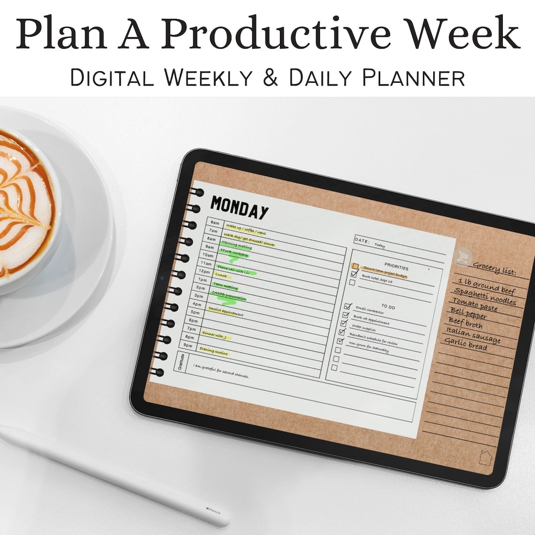 Plan a Productive Week, Weekly and Daily Undated Digital Kraft Style ...