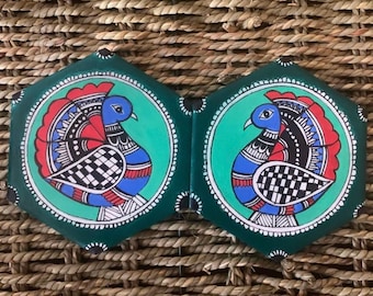 Set of 6 Hand-painted Madhubani Painting Wooden Coaster and Madhubani Painted Wooden Holder Fish ...