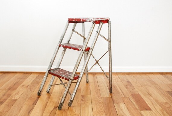 Vintage Industrial Red Metal Folding Step Ladder Shelf - Etsy