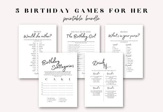 5 Printable Birthday Games for Her Birthday Party Game Bundle - Etsy