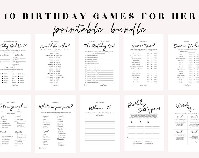 10 Printable Birthday Games For Her Birthday Party Game Bundle Instant