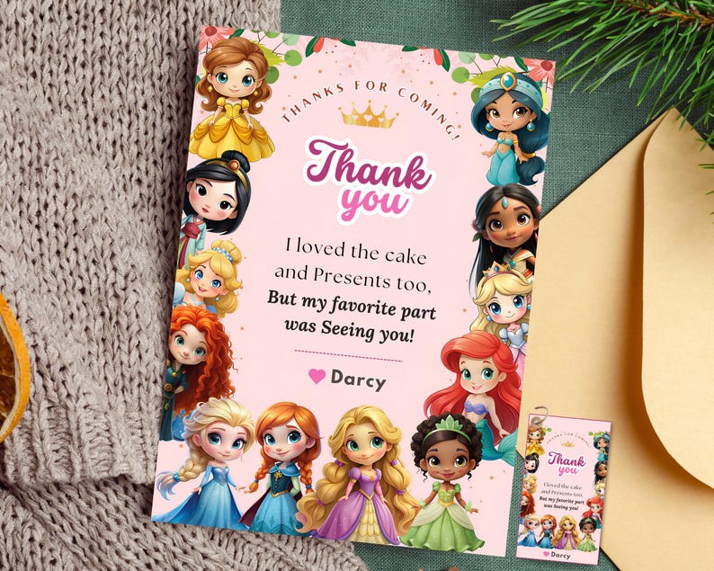 Princess Thank You Card Jasmine Cinderella Belle Aurora Ariel Snow ...