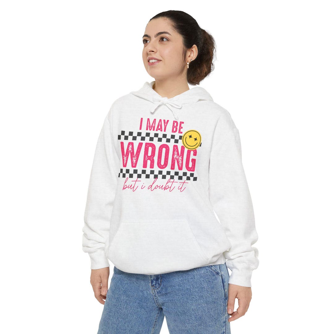 I May Be Wrong Smiley Face Hoodie | Retro Checkerboard, Pink Typography ...