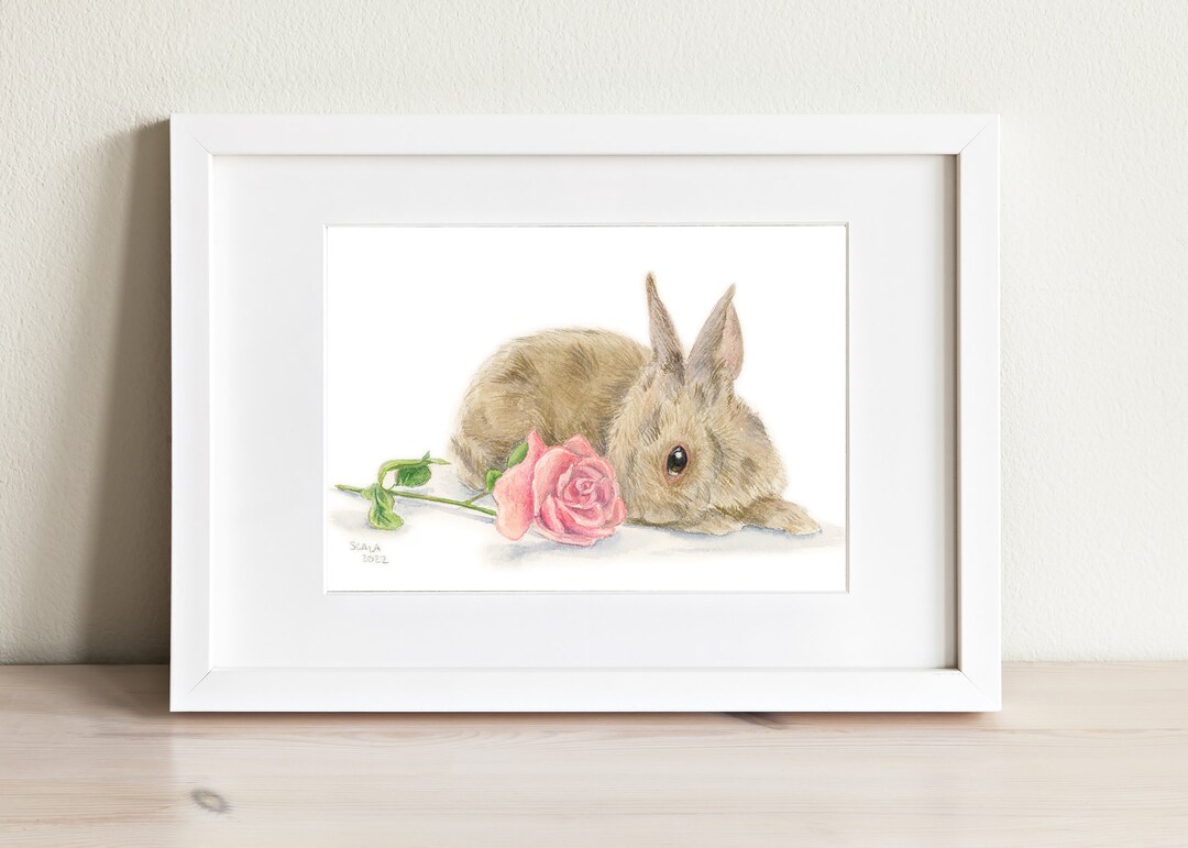 Rabbit and Rose - Watercolor Art Print - Etsy
