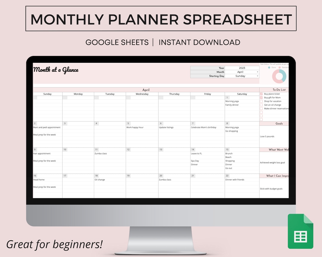 Monthly Planner Spreadsheet, Google Sheets, Google Sheets To-do List ...
