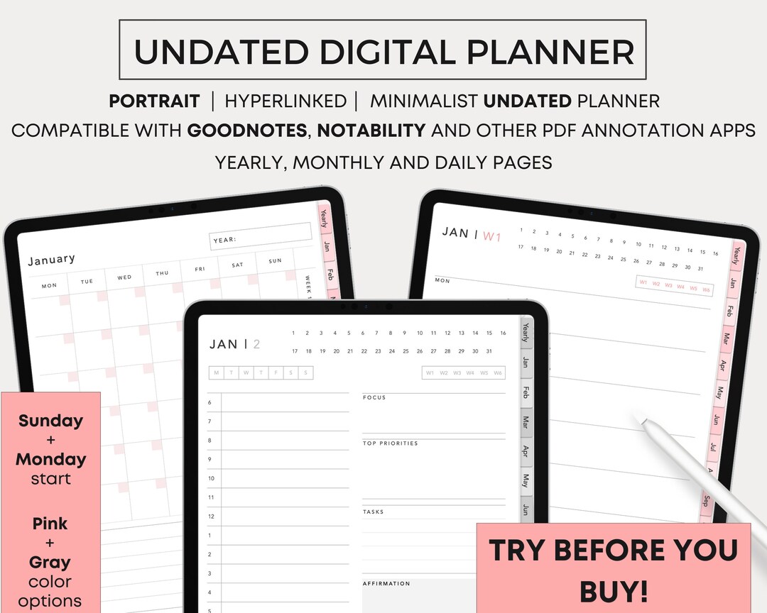 Undated Digital Planner, Portrait Style, Digital Planner, Monthly ...