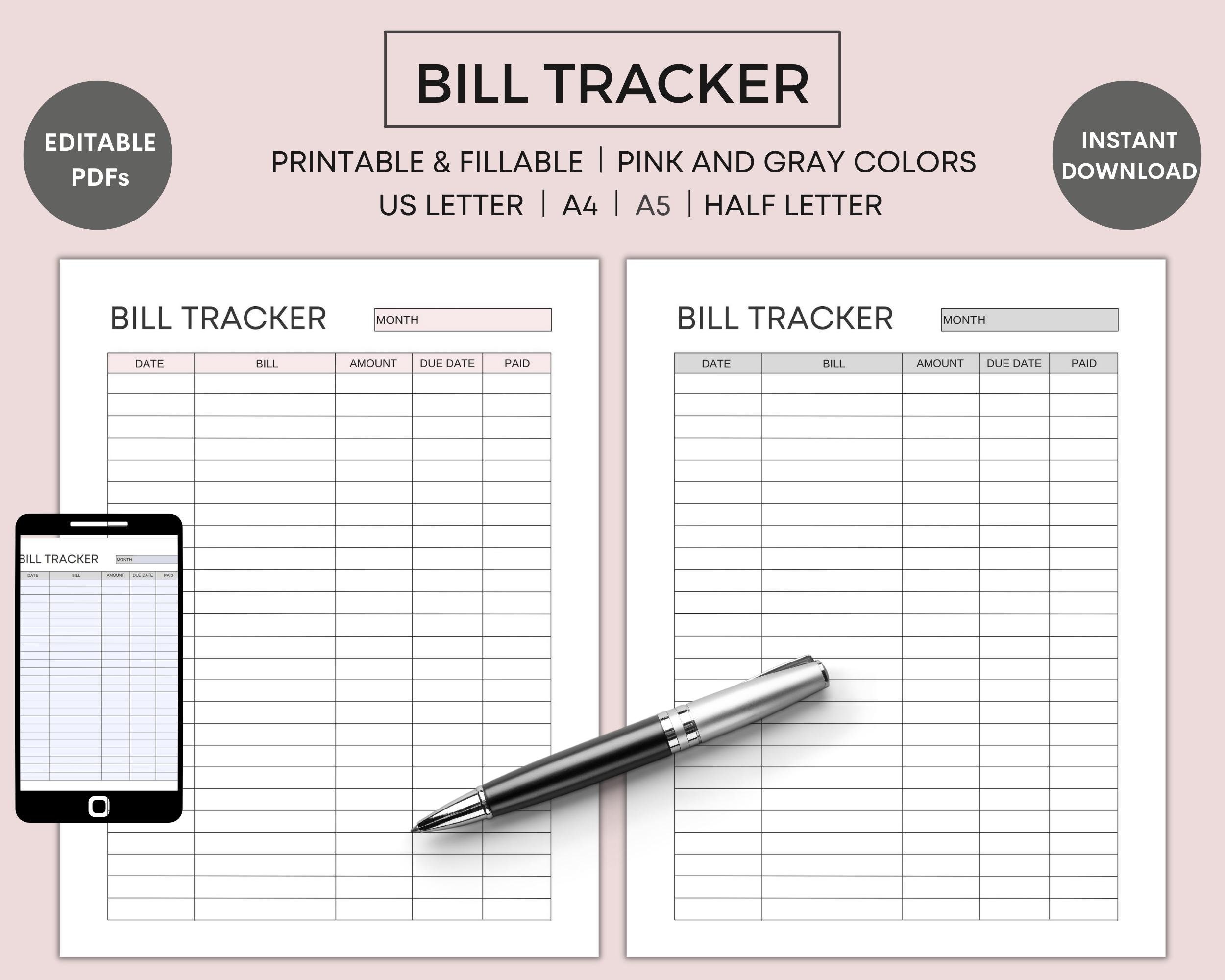 Bill Tracker Printable, Monthly Bill Tracker, Editable and Fillable PDF ...