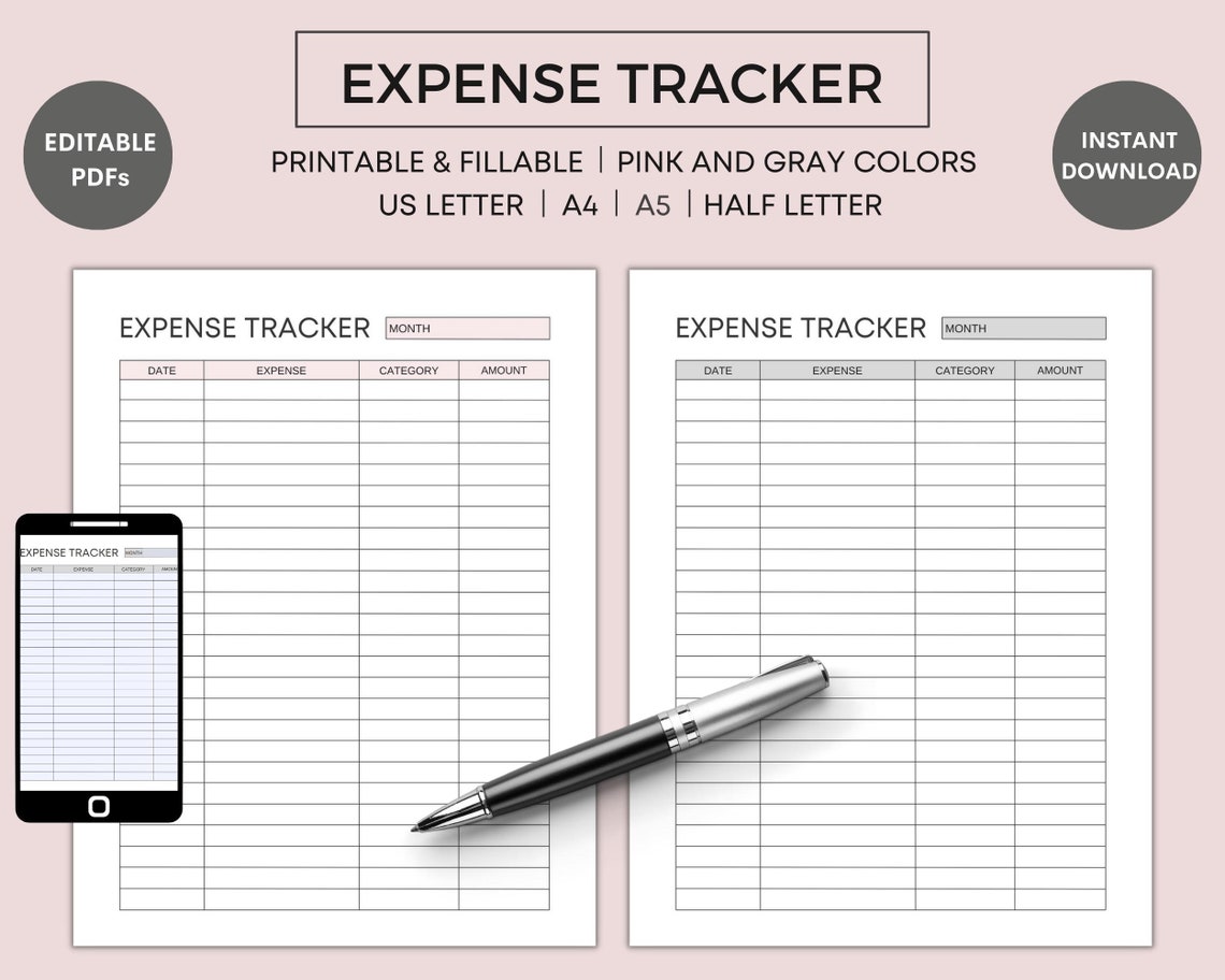 Expense Tracker Printable, Expense Log, Editable and Fillable PDF ...