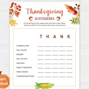 Thanksgiving Scattergories Printable, Scattergories Game, Thanksgiving ...