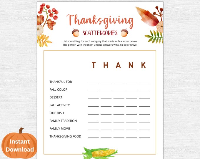 Thanksgiving Games, Printable Scattergories Game for Thanksgiving ...
