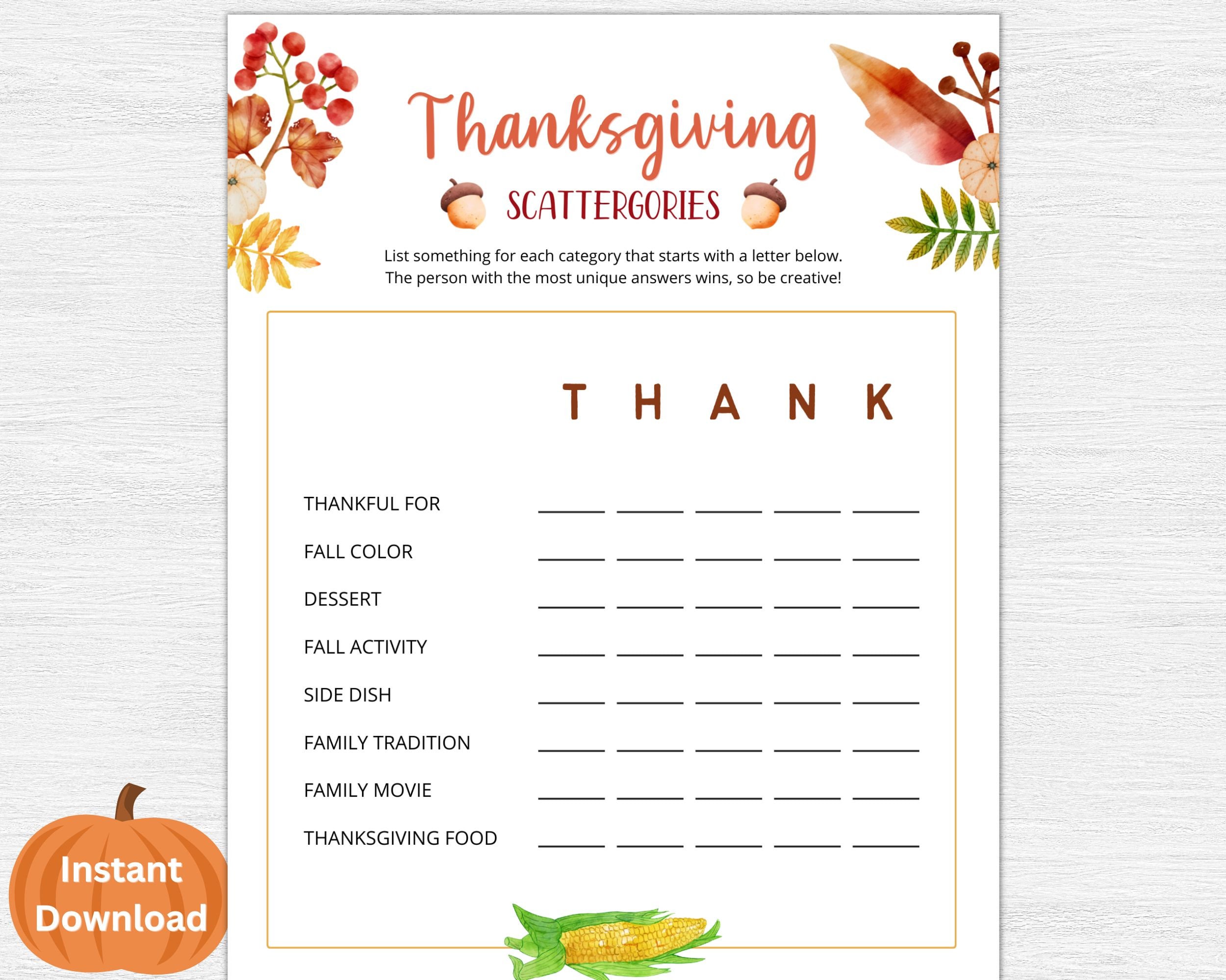 Thanksgiving Scattergories Printable, Scattergories Game, Thanksgiving ...