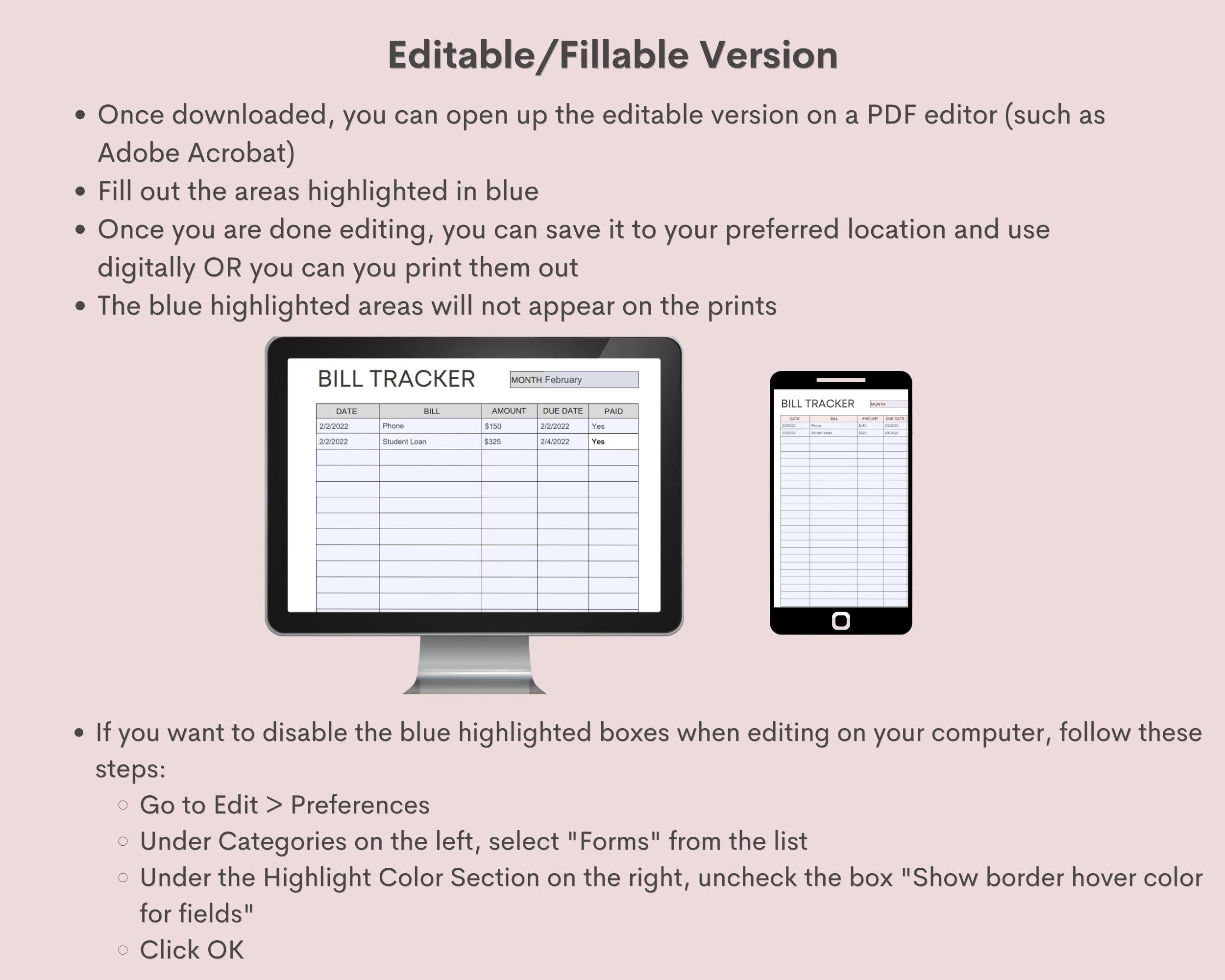 Bill Tracker Printable, Monthly Bill Tracker, Editable and Fillable PDF ...