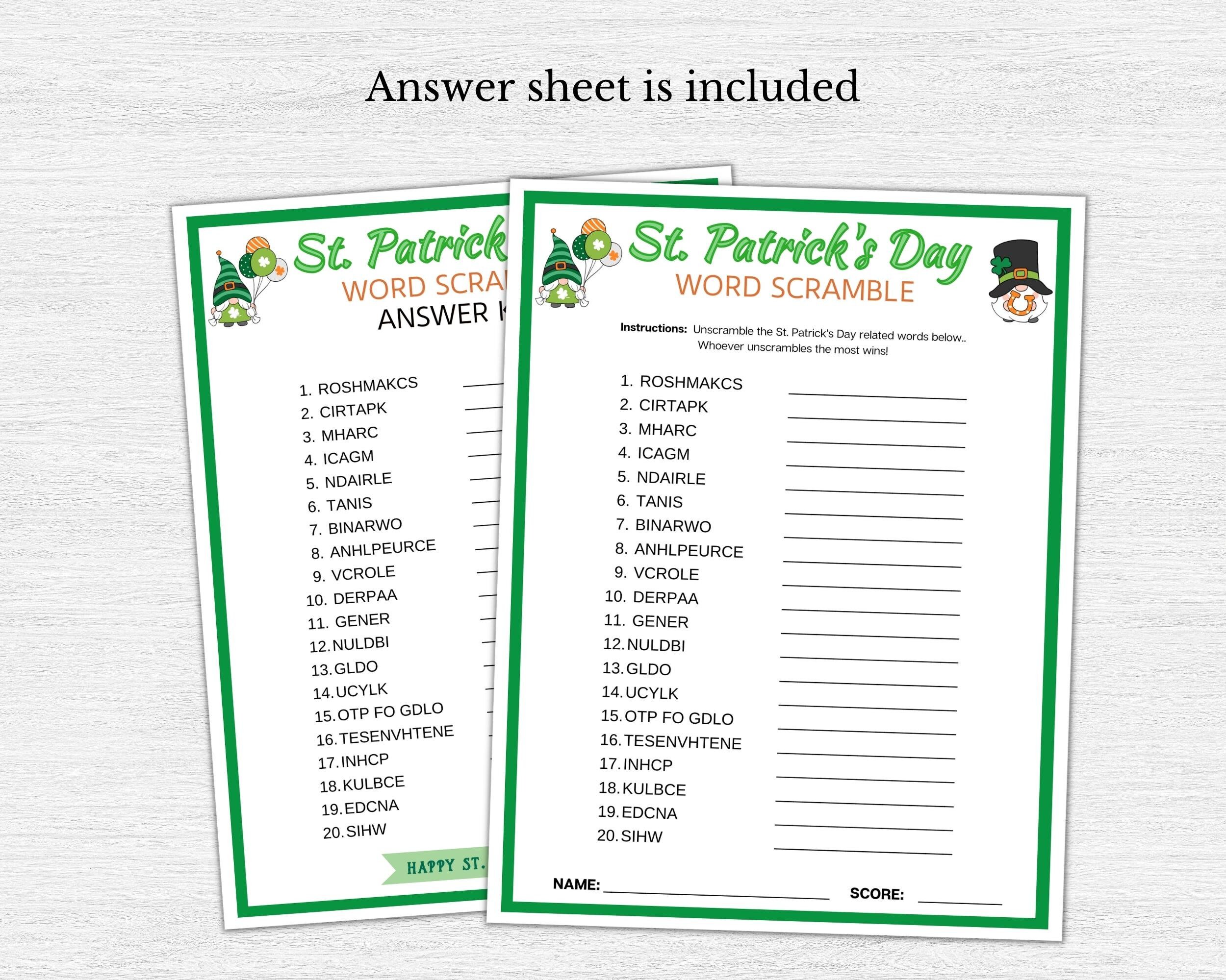 St. Patrick's Word Scramble Printable, St. Patty's Games, St. Patrick's ...