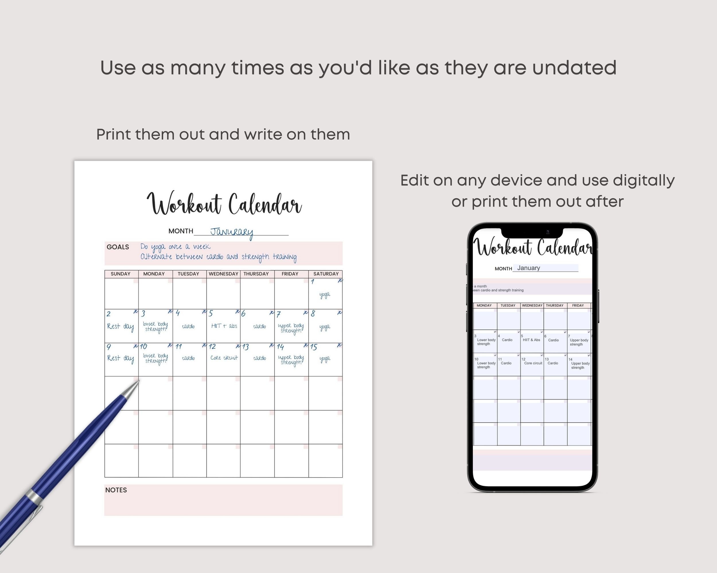 Workout Calendar Undated Printable, Fitness Calendar, Fillable PDF ...