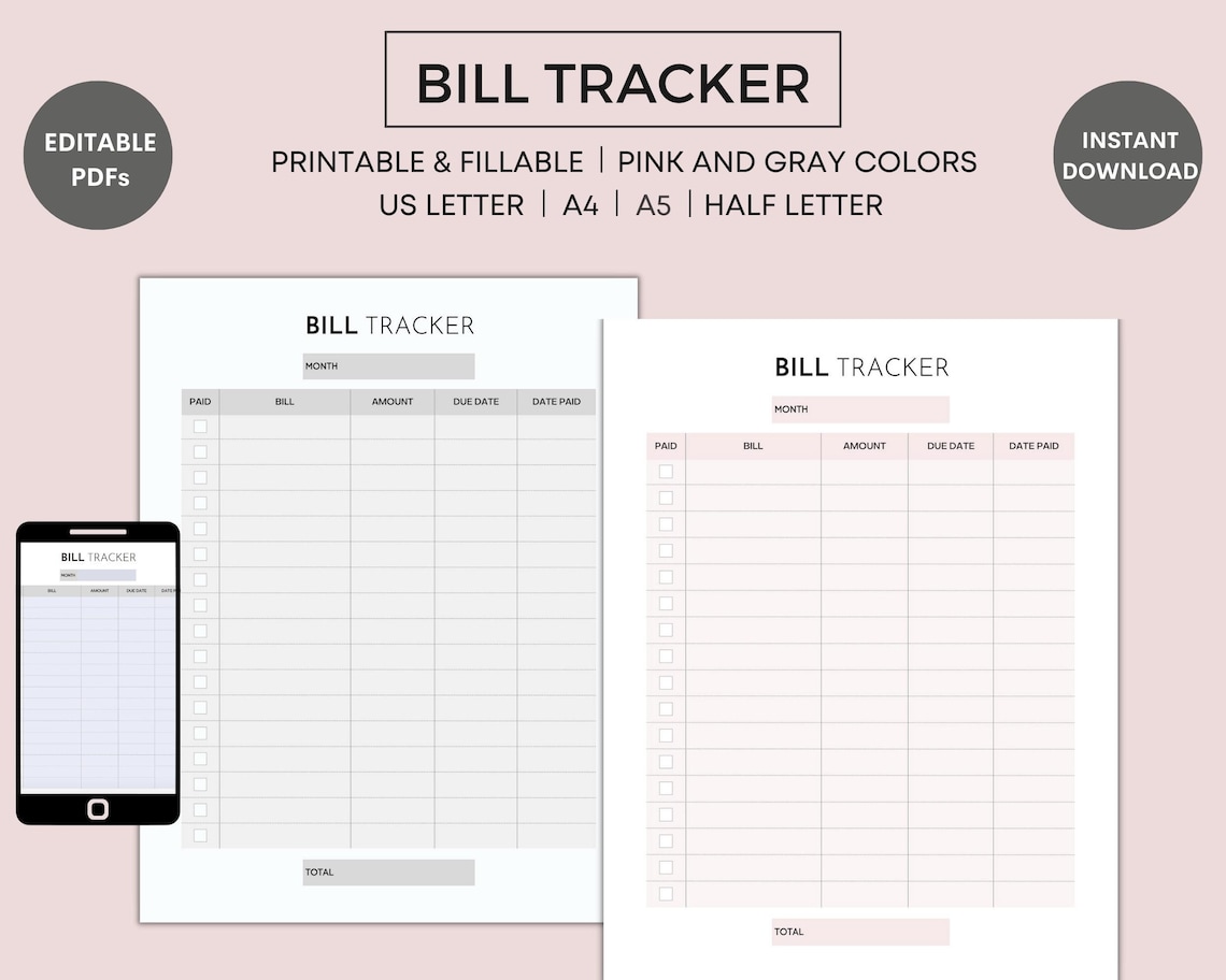 Monthly Bill Tracker Printable Editable and Fillable PDF - Etsy