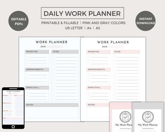Daily Work Planner Printable Minimalist Work Planner | Etsy