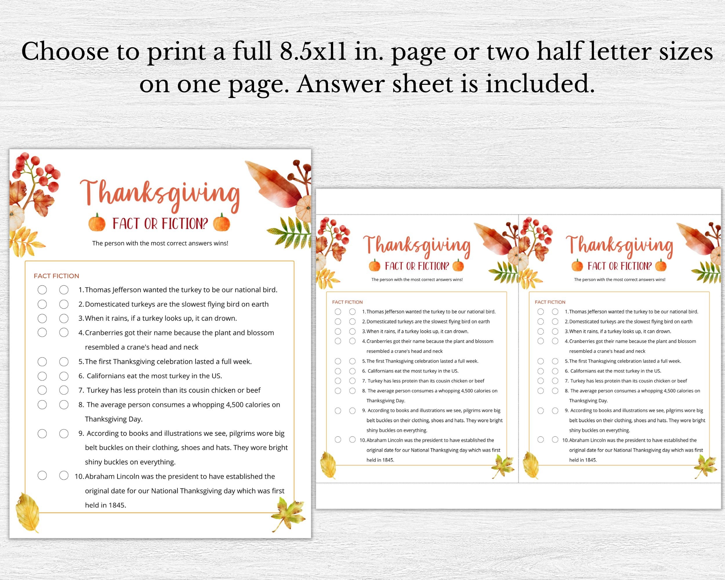 Thanksgiving Fact or Fiction Printable, Fact of Fiction Game ...