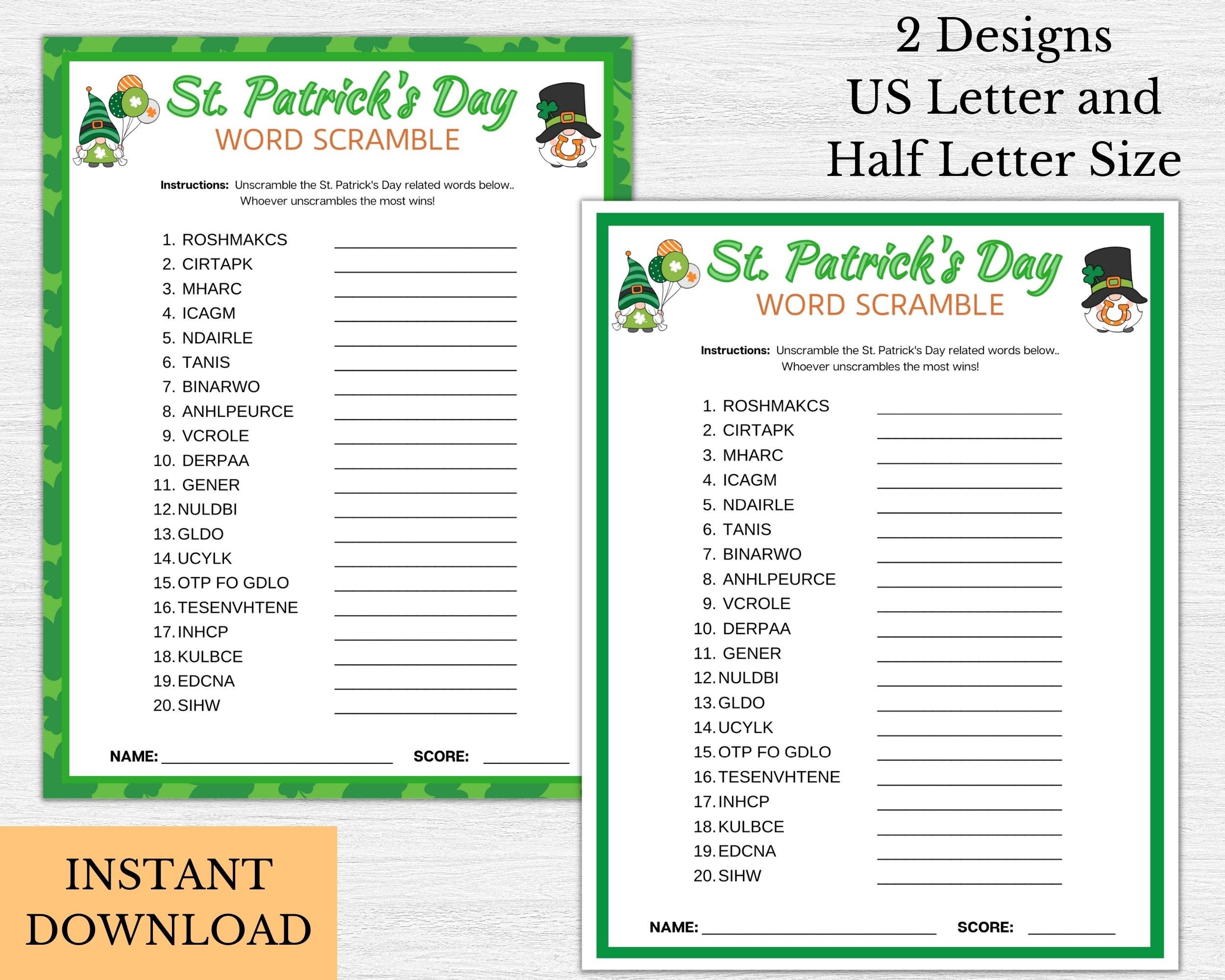 St. Patrick's Word Scramble Printable, St. Patty's Games, St. Patrick's ...