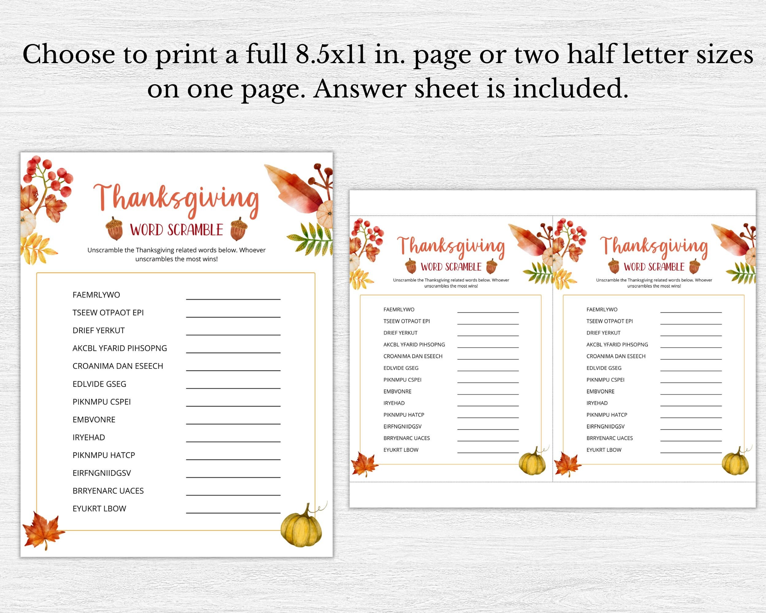 Thanksgiving Word Scramble Printable, Word Scramble Game, Thanksgiving ...
