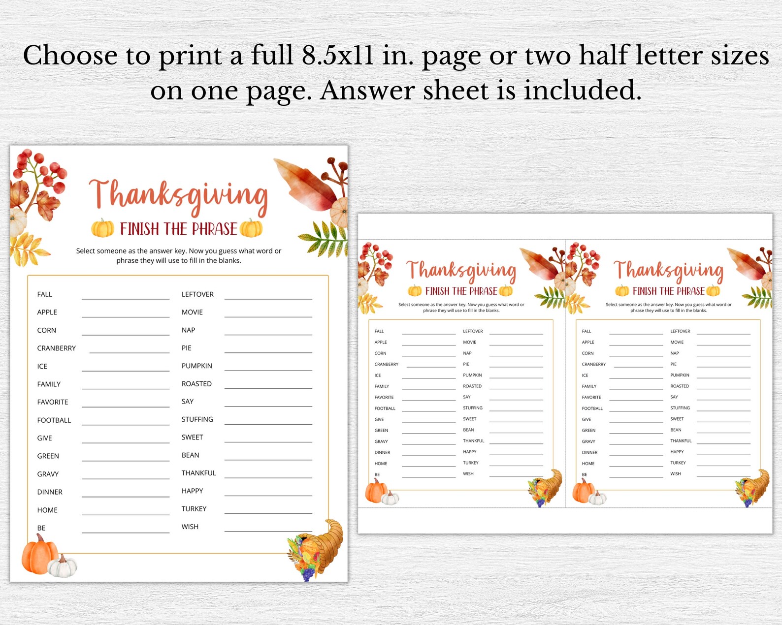 Thanksgiving Finish the Phrase Printable, Finish the Phrase Game ...