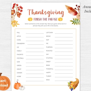 Thanksgiving Finish the Phrase Printable, Finish the Phrase Game ...