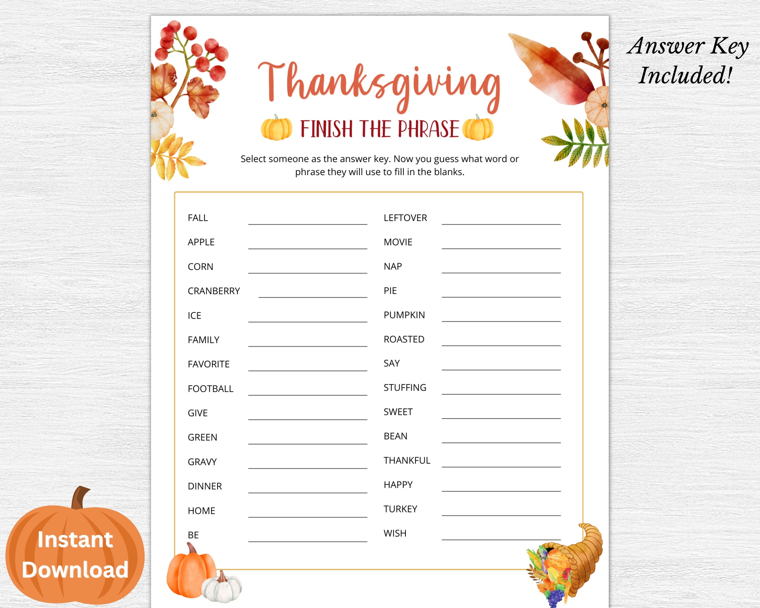 Thanksgiving Finish the Phrase Printable, Finish the Phrase Game ...