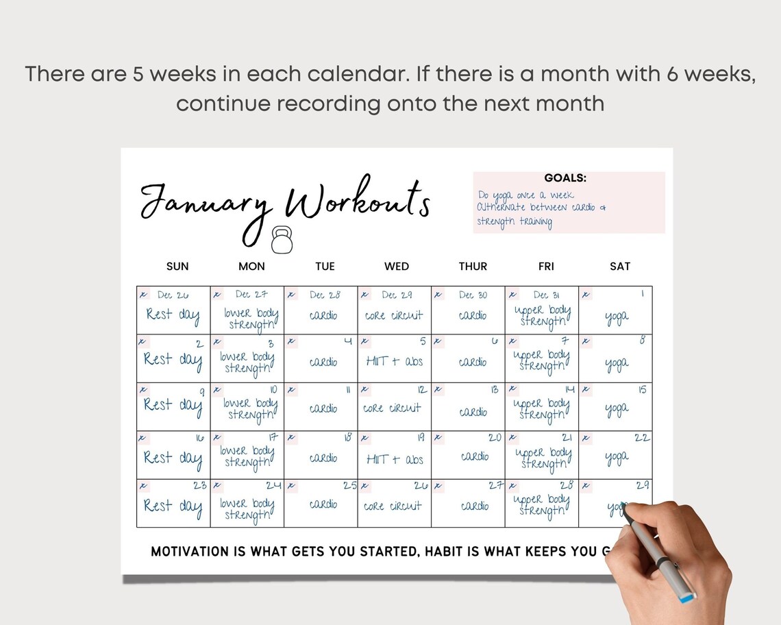 Printable Monthly Workout Calendar, Undated, Fitness Tracker, Workout ...