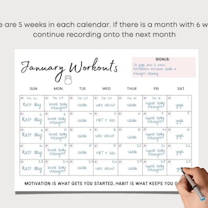 Printable Monthly Workout Calendar, Undated, Fitness Tracker, Workout ...