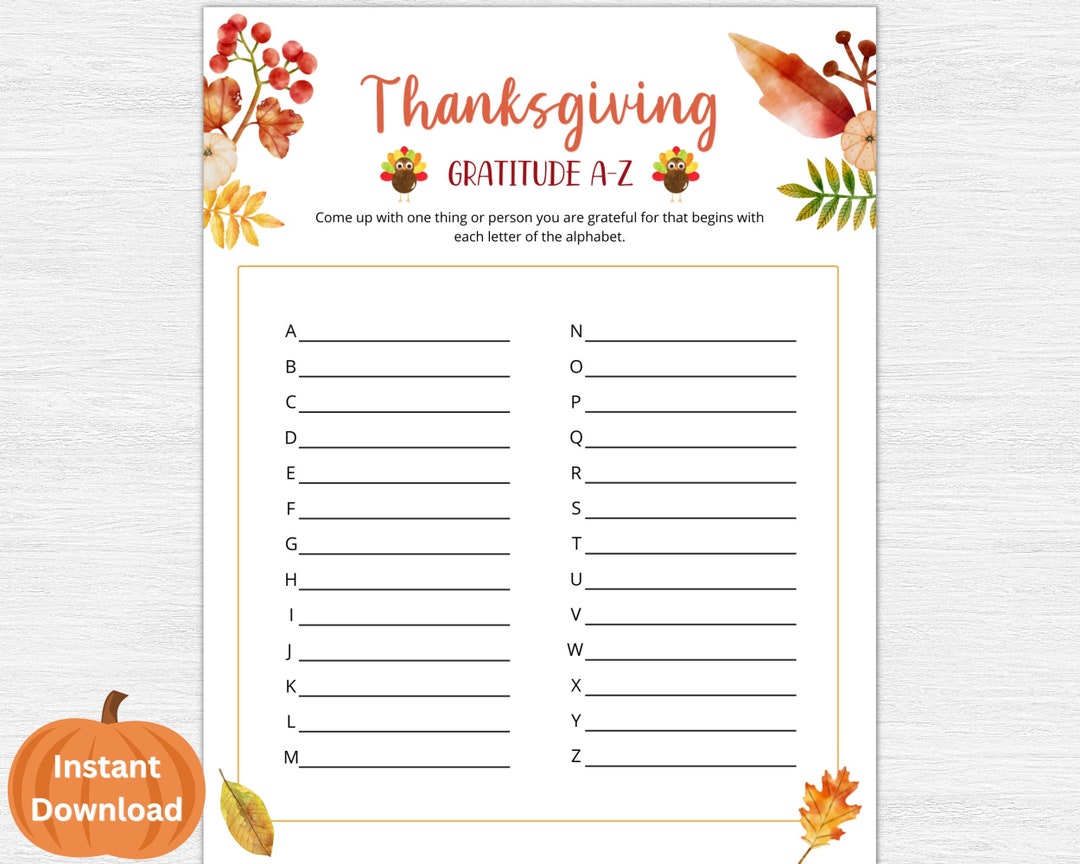 Thanksgiving Gratitude A-Z Printable, Gratitude A-Z Game, Thanksgiving ...