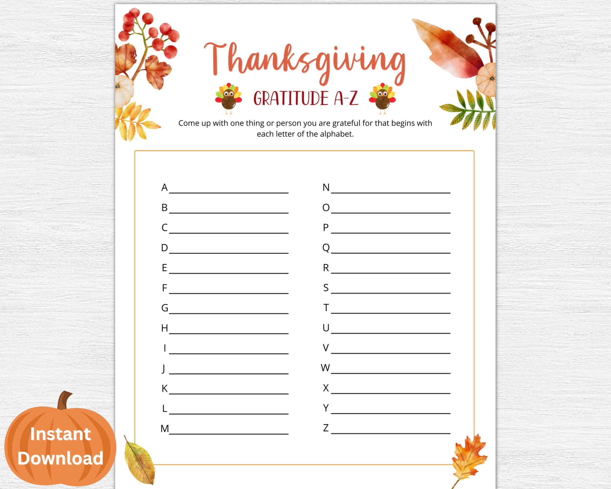 Thanksgiving Gratitude A-Z Printable, Gratitude A-Z Game, Thanksgiving ...