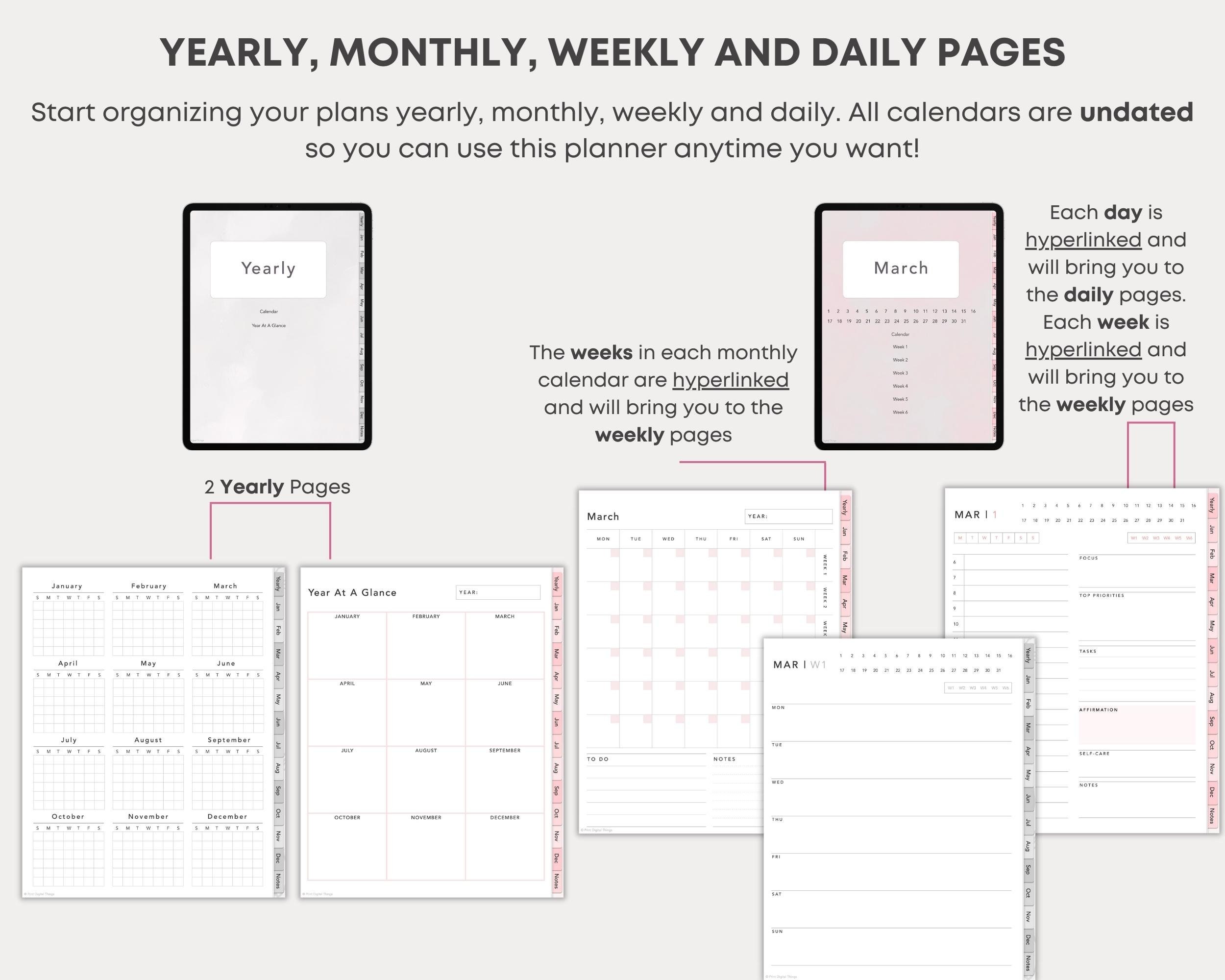 Undated Digital Planner, Portrait Style, Digital Planner, Monthly ...