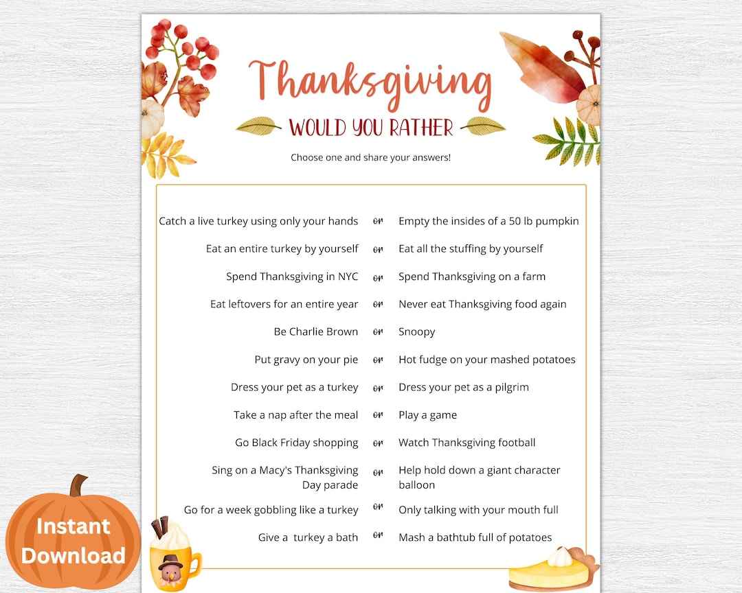 Thanksgiving Would You Rather Printable, Would You Rather Game ...