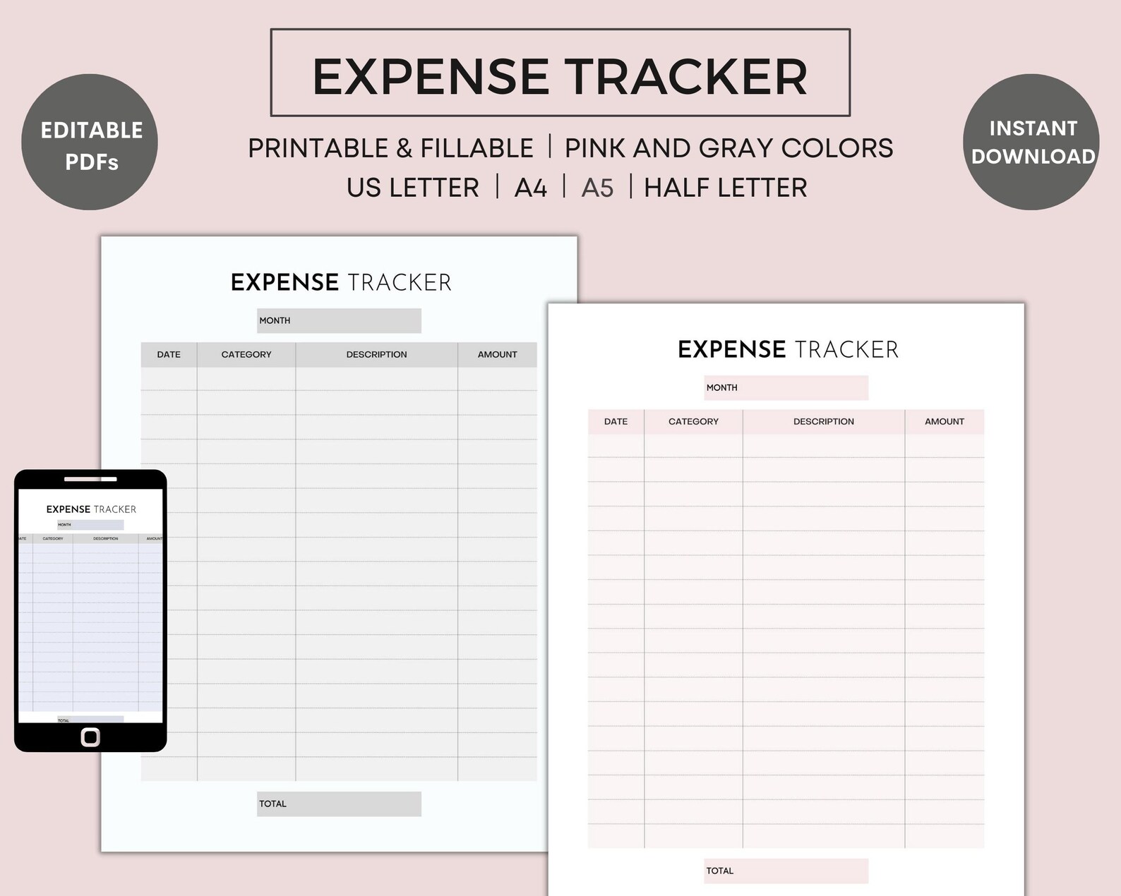 Expense Tracker Printable, Editable PDF, Expense Log, Monthly Expense ...